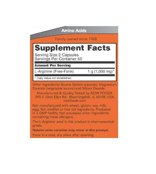 NOW - Arginine 500mg (100 Caps) | Nitric Oxide (N02) | Supplements Direct